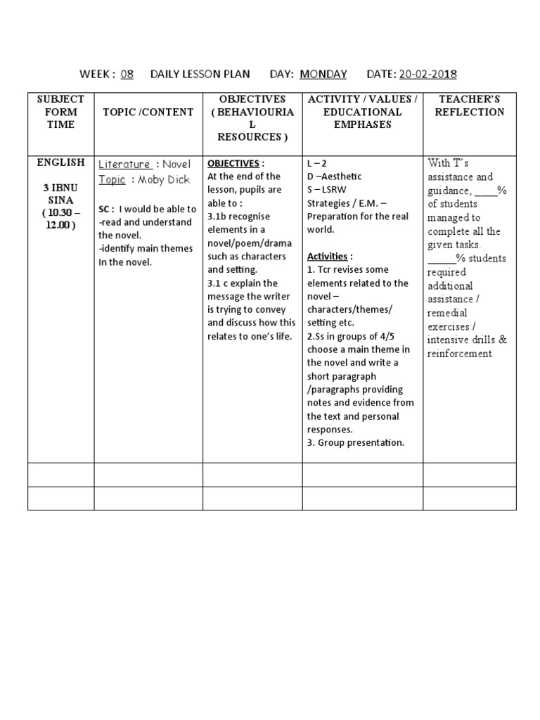 Lesson Plan Form 3 2018 - Week 8 | PDF | Reading Comprehension | Speed ...