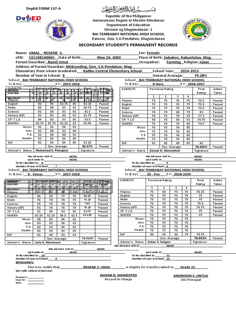 Secondary Student'S Permanent Records: S.Y: 2015-2016 8-Hera S.Y: 2016 ...