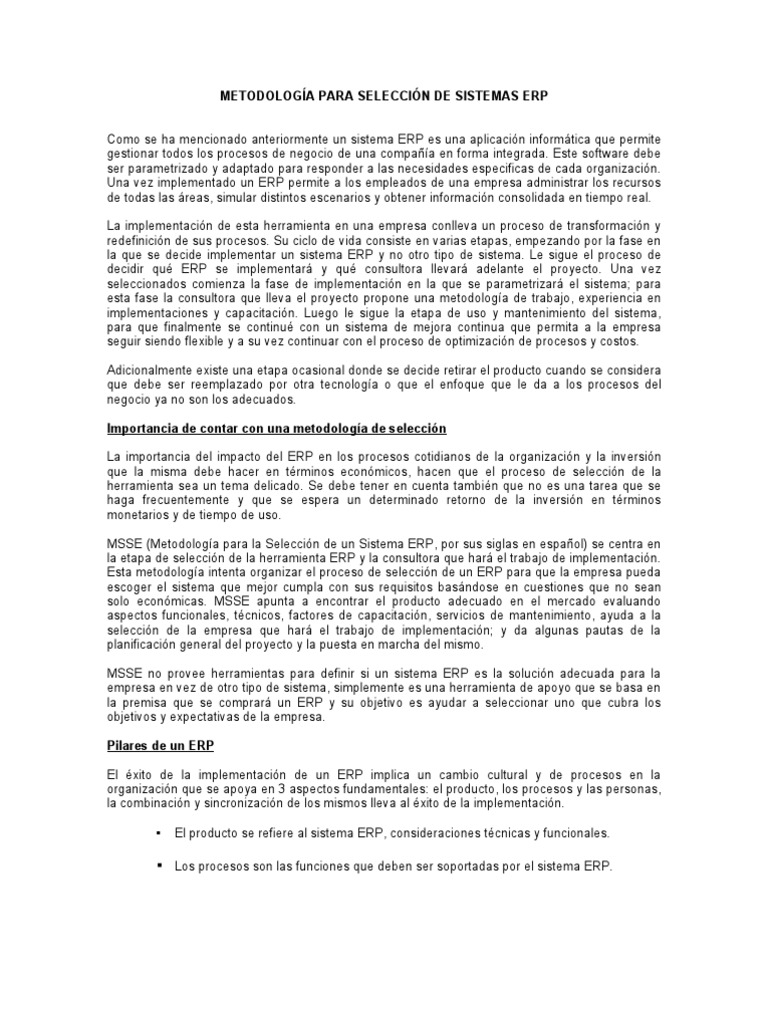 Metodología para Selección de Sistemas Erp 1 | PDF | Planificación de recursos empresariales ...
