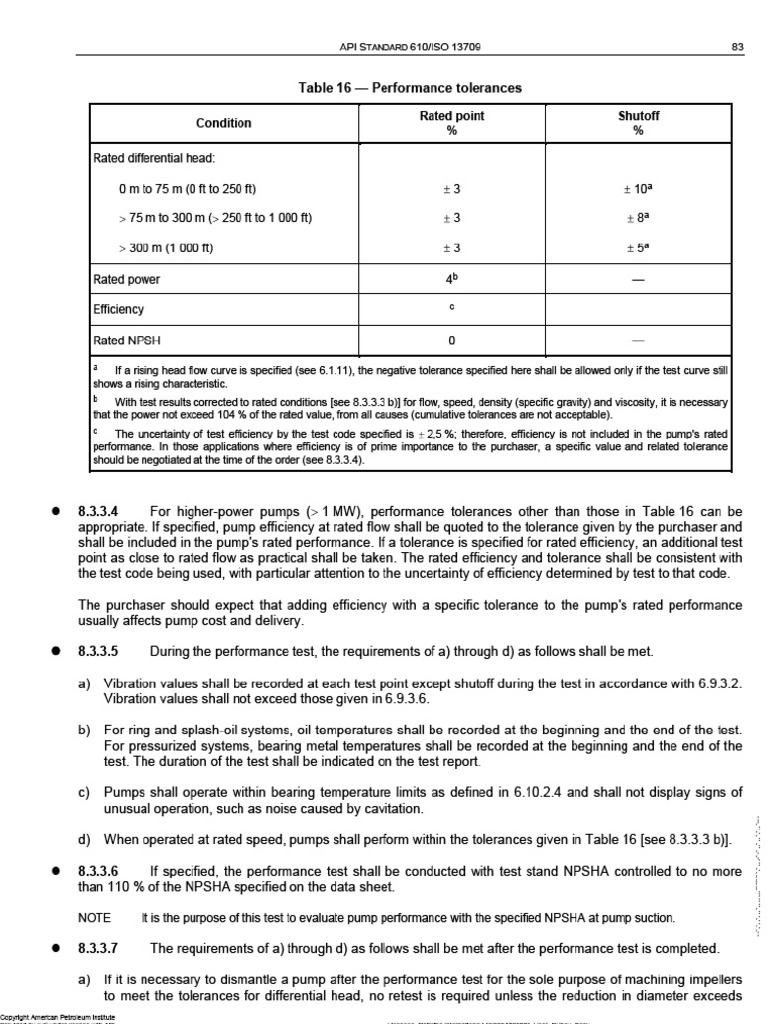 Test Tolerances - API 610 11th | PDF