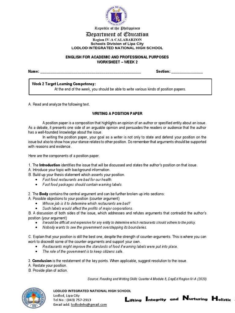 Worksheet - Eapp - Week 2 | PDF | Argument | Cognition
