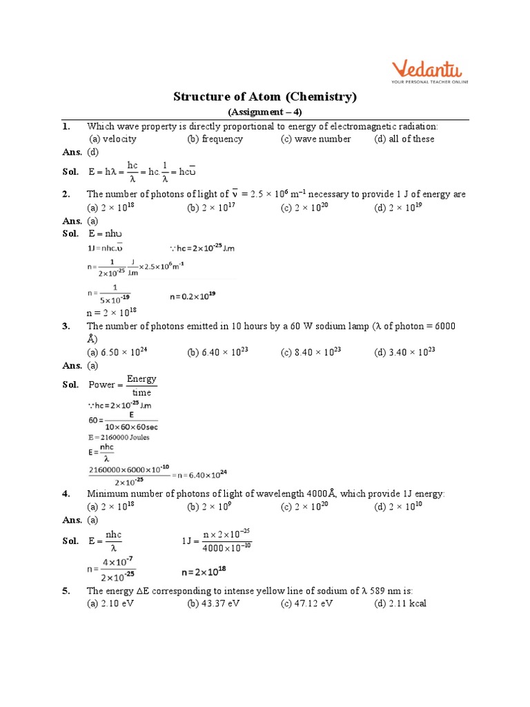 Assignment - 4 (Structure of Atom) | PDF | Photoelectric Effect | Electromagnetic Radiation