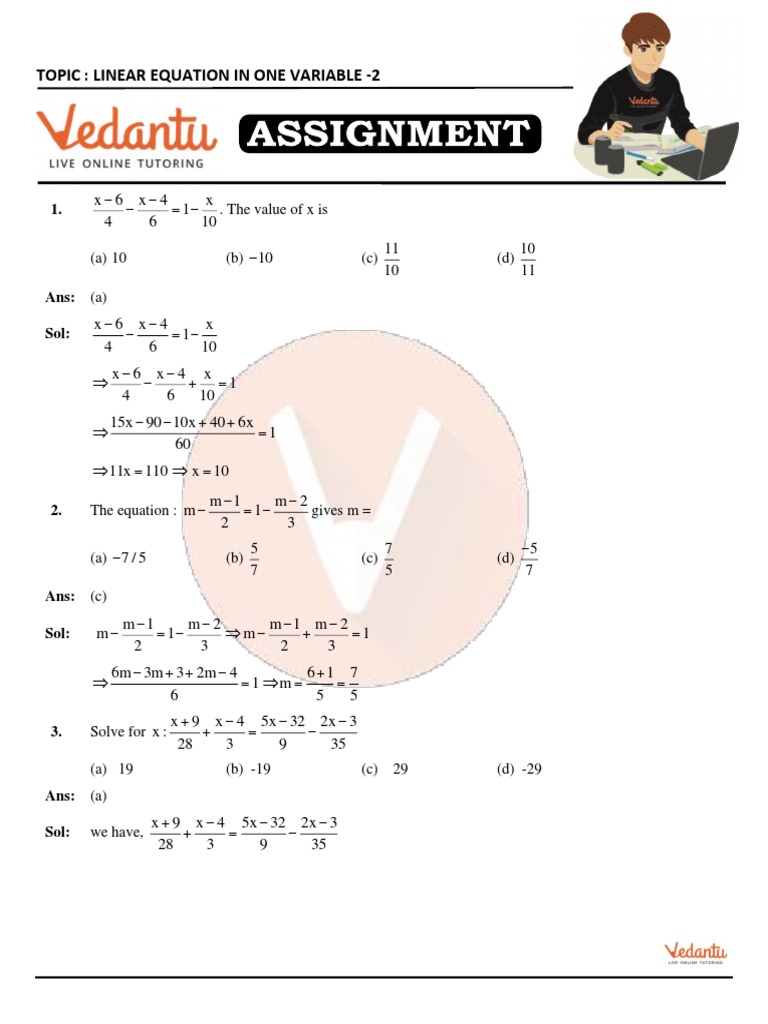 Linear Equation in One Variable Part 2 Assignment | PDF | Equations ...