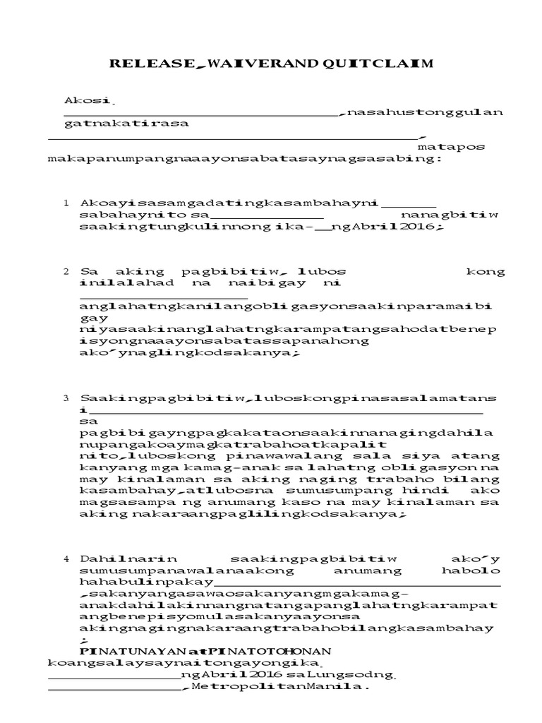 Release Waiver Quitclaim Tagalog Kasambahay | PDF