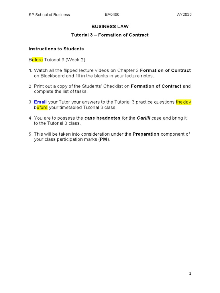 Business Law Tutorial 3 - Formation of Contract Instructions To ...