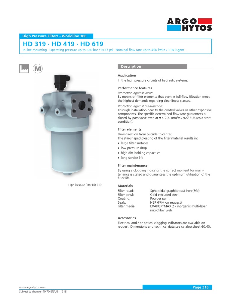 HD 319 HD 419 HD 619: High Pressure Filters - Worldline 300 | PDF ...