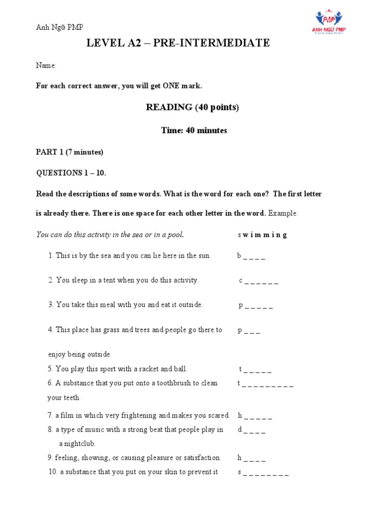 Level A2 - Pre-Intermediate: READING (40 Points) | PDF