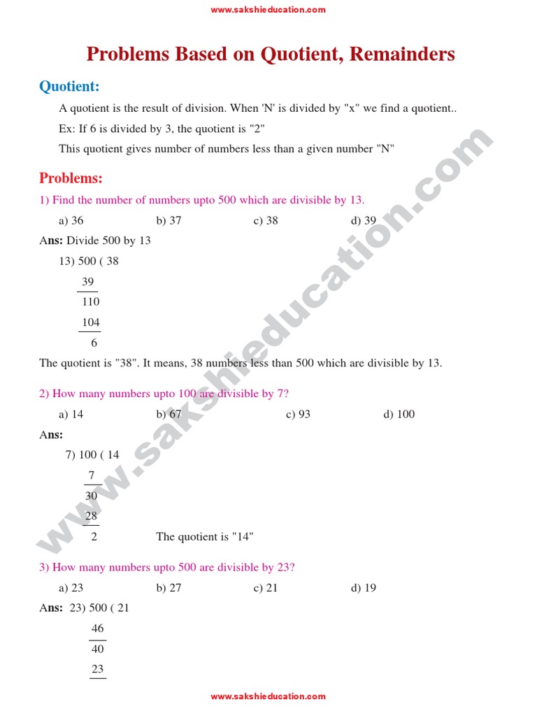 Problems Based On Quotient, Remainders: Uotient | PDF | Number Theory ...