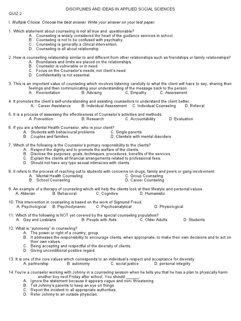 Diass Week 3 And 4 Quiz Pdf Counseling Psychology Psychotherapy