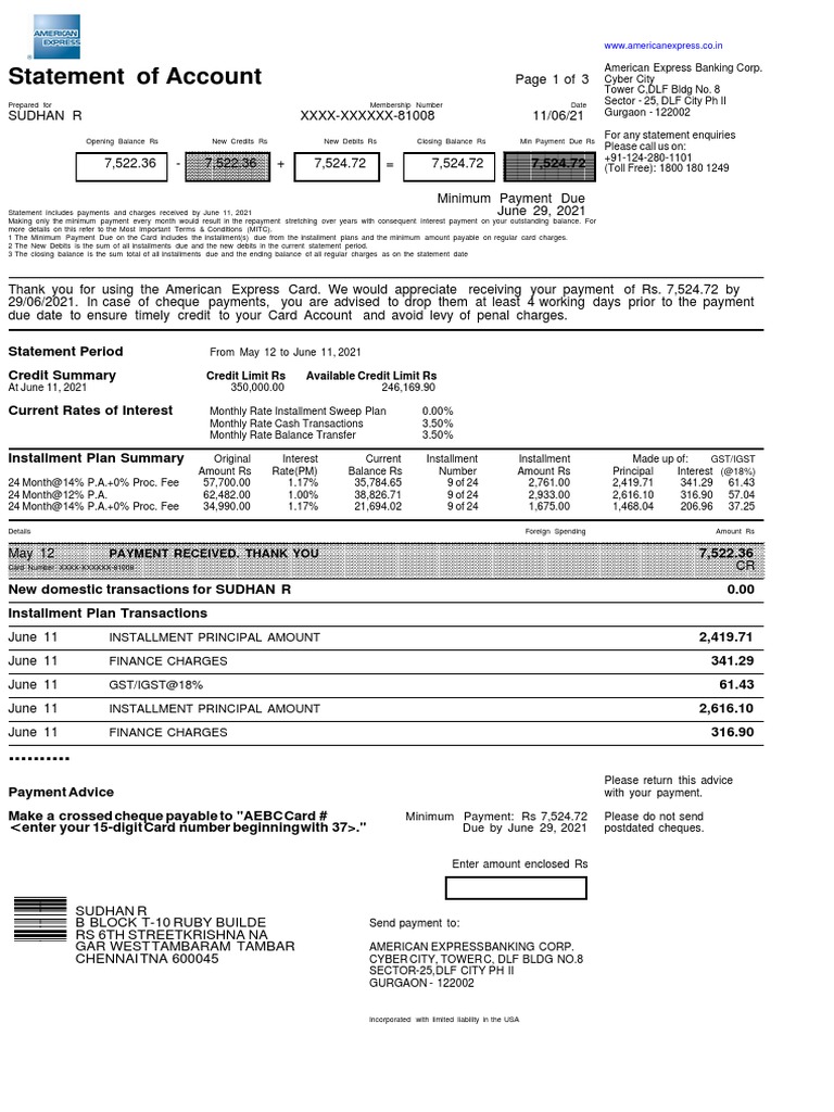 Statement of Account: Credit Limit Rs Available Credit Limit Rs | PDF ...