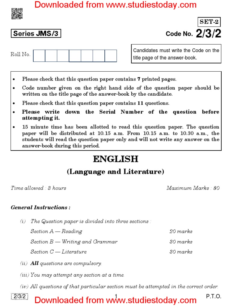 Class 10 English Question Paper 2019 | PDF | Question | Test (Assessment)