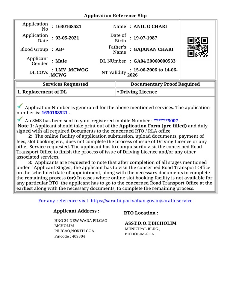 Application for Replacement of Driving Licence: Reference Slip for ...