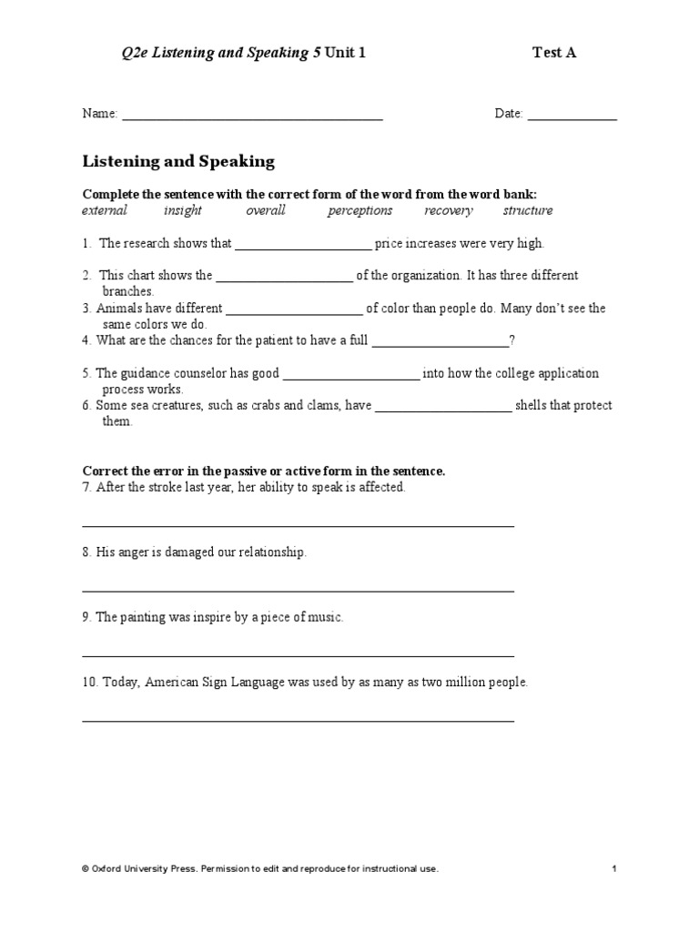 Q2e Listening and Speaking 5 Unit 1: Test A | PDF | Multilingualism ...