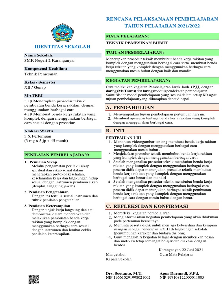 9 RPP PJJ 1 TP BUBUT Kelas XII 2021 2022 - Rakitan | PDF