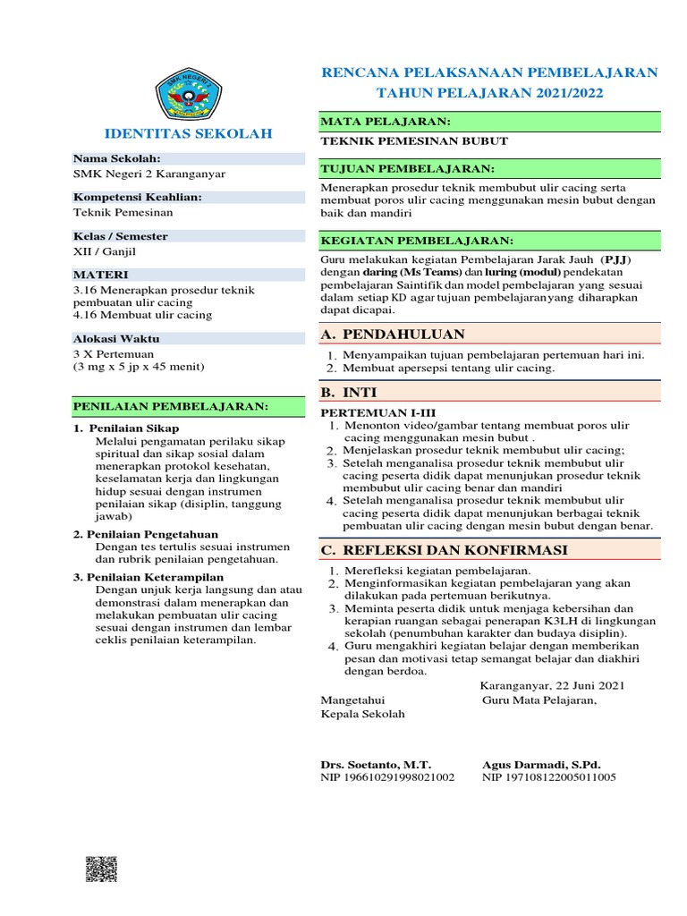 6 RPP PJJ 1 TP Bubut Kelas Xii 2021 2022 - Ulir Cacing | PDF | Seni