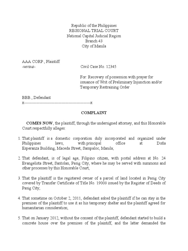 Form No. 232 Complaint With Application For Preliminary Injunction | PDF | Injunction | Civil ...