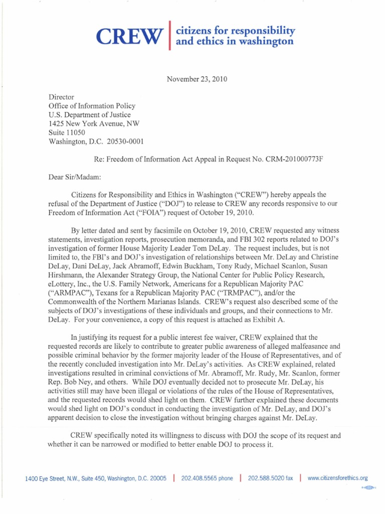 FOIA Appeal: CREW: Department of Justice (DOJ): Regarding Tom DeLay ...