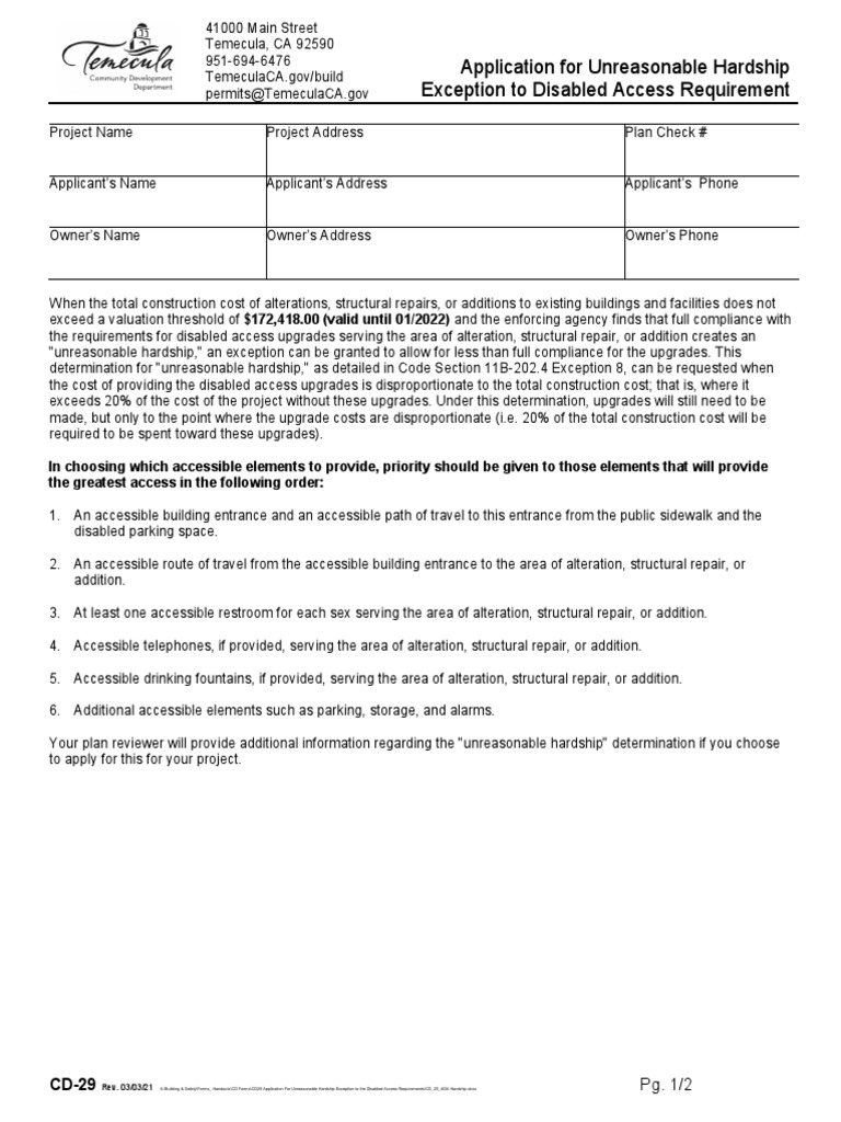 Application For Unreasonable Hardship Exception To Disabled Access ...