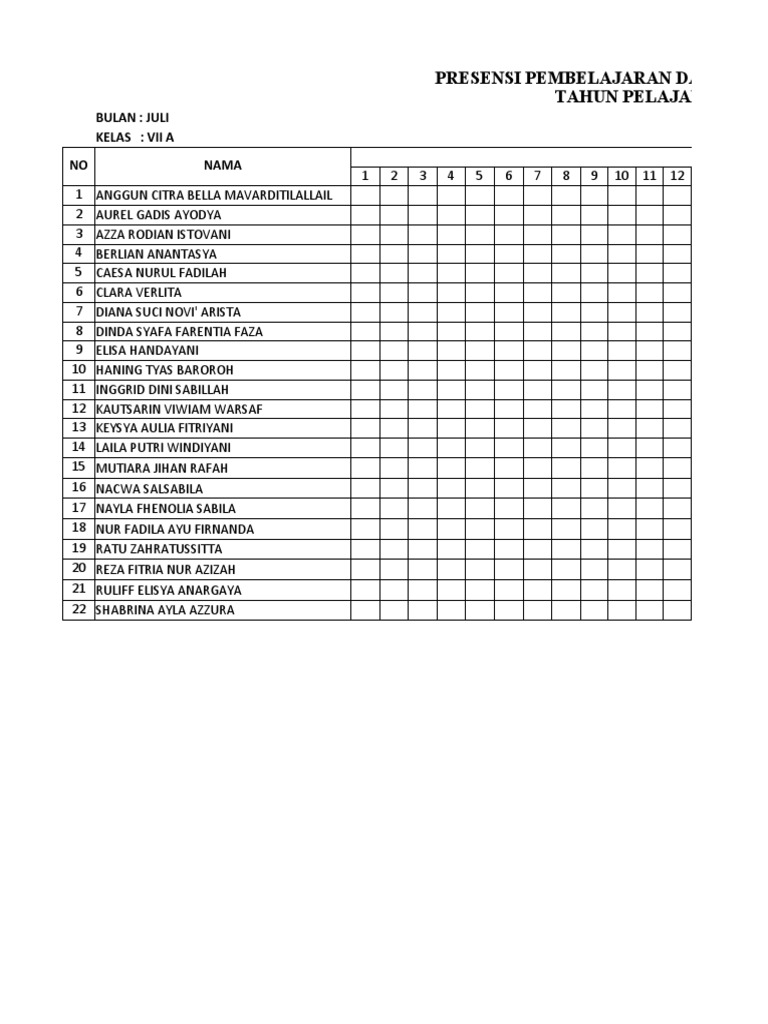 Daftar Presensi Siswa 2020 | PDF