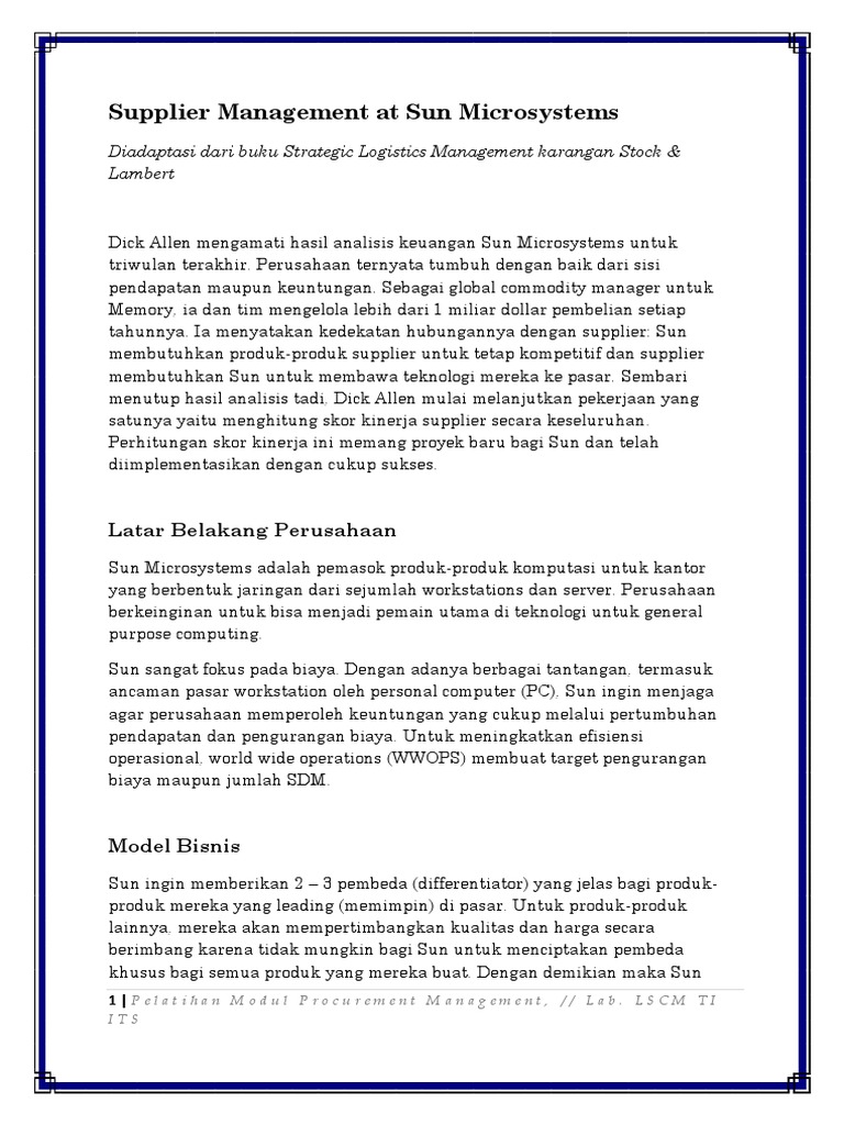 Case 3 Supplier Management at Sun Microsystems | PDF