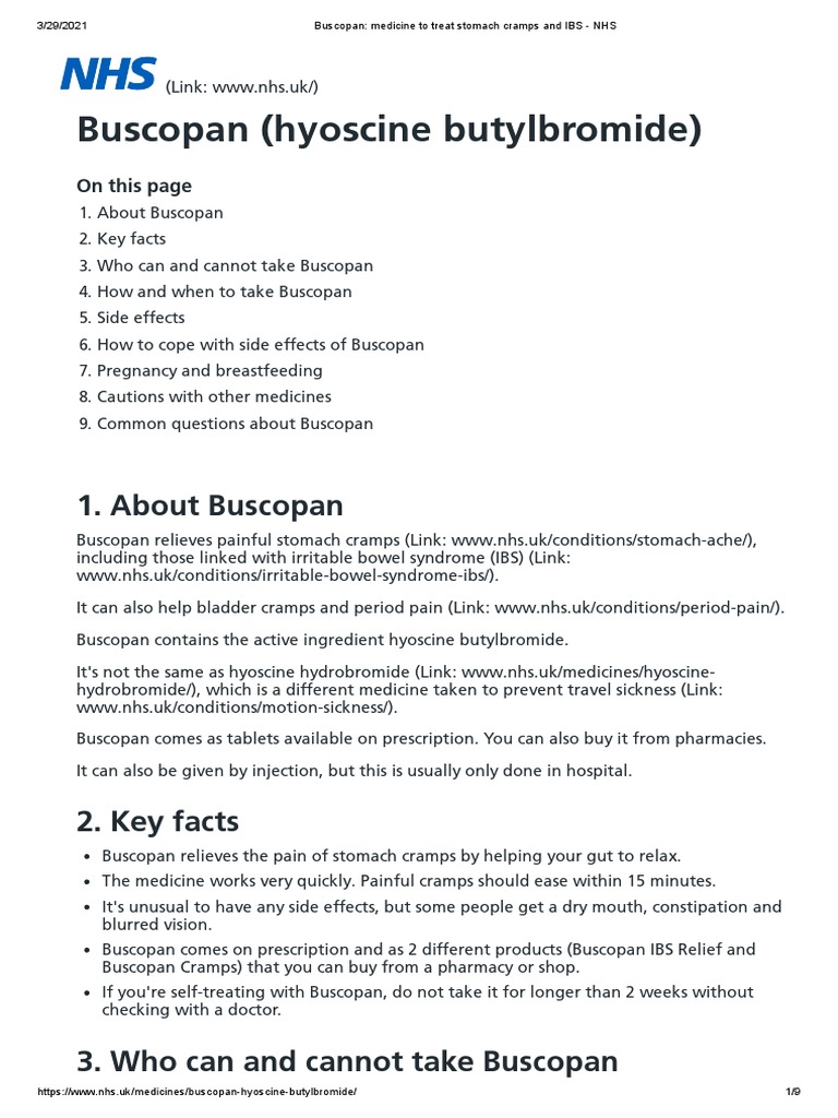 Buscopan - Medicine To Treat Stomach Cramps and IBS - NHS | PDF ...