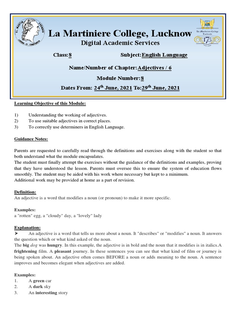 Module 6 - Adjectives - (Study Material) | PDF | Adjective | Noun