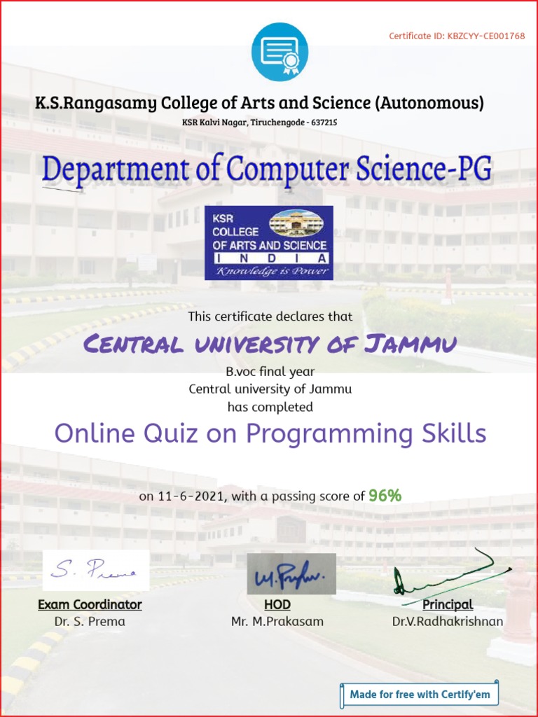 Certificate For Central University of Jammu For - Online Quiz On ...