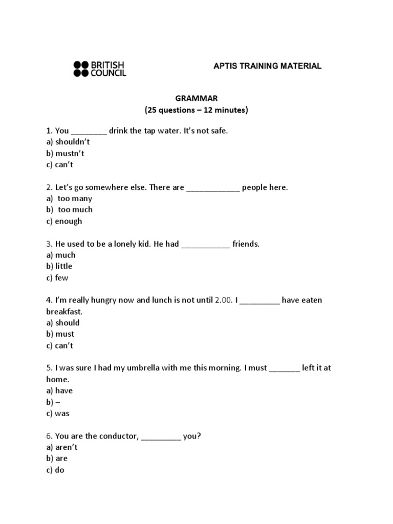 APTIS GRAMMAR Practice Test | PDF | Semantics | Semantic Units