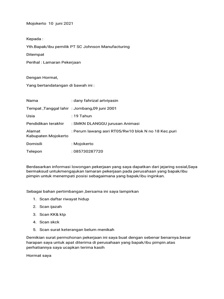 Surat Lamaran PT SC Johnson M | PDF
