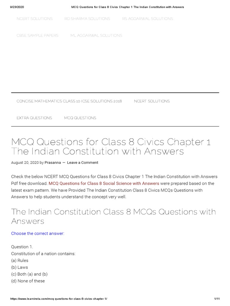 MCQ Questions For Class 8 Civics Chapter 1 The Indian Constitution With ...