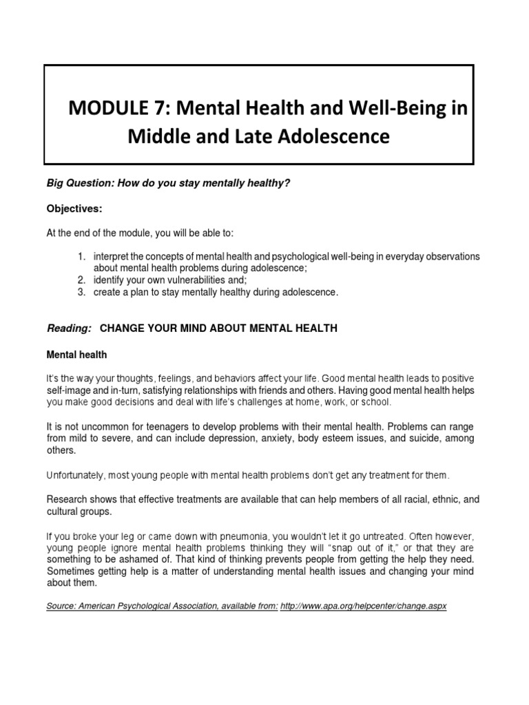 MODULE 7: Mental Health and Well-Being in Middle and Late Adolescence ...