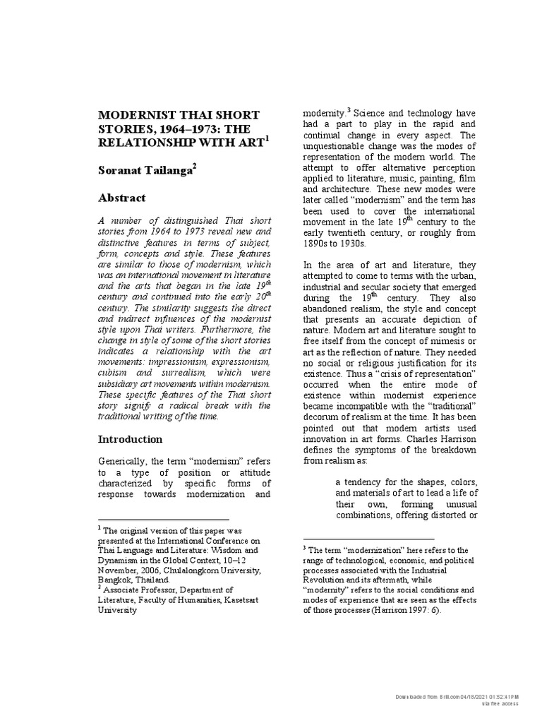 Modernist Thai Short Stories 1964 1973 The Relationship With Art | PDF ...