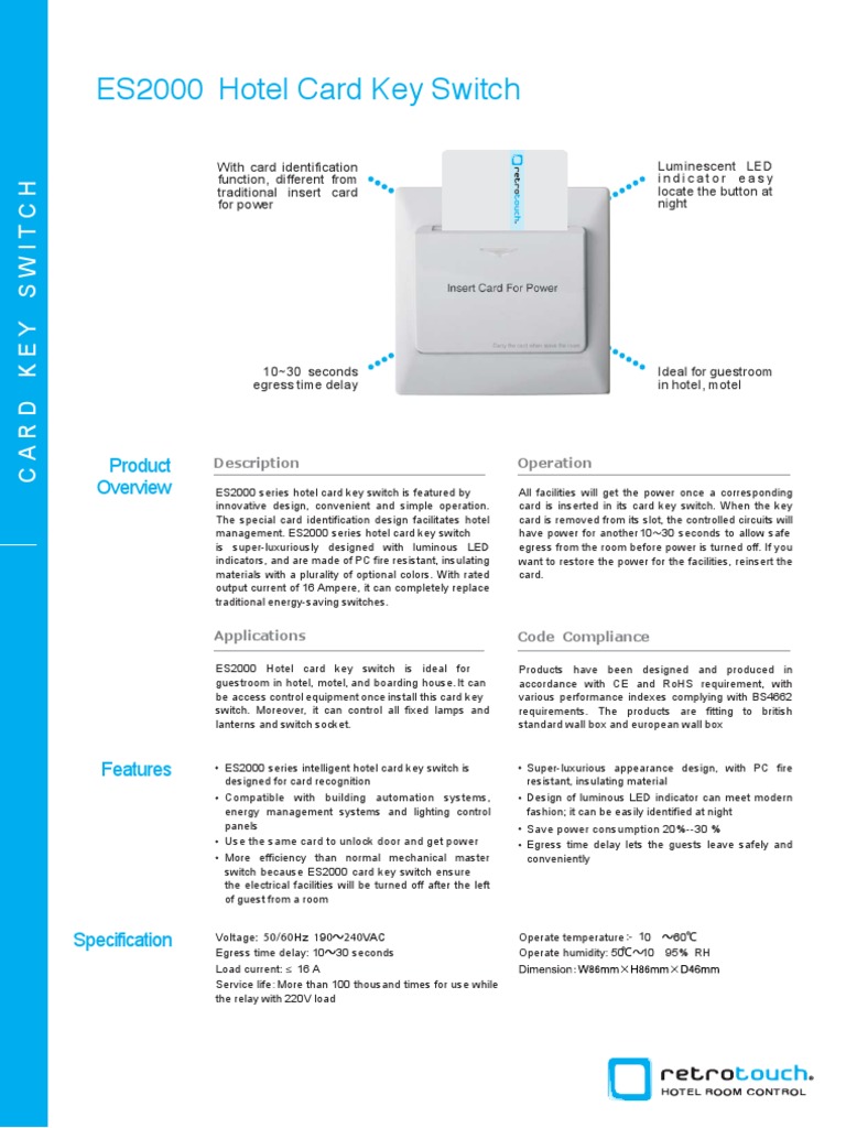 ES2000 Hotel Key Card Switch Guide | PDF | Switch | Relay