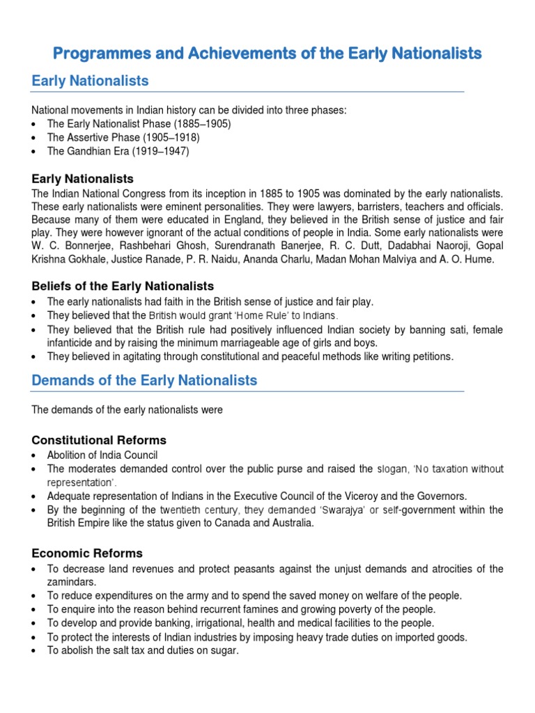 Programmes and Achievements of The Early Nationalists | PDF | British ...