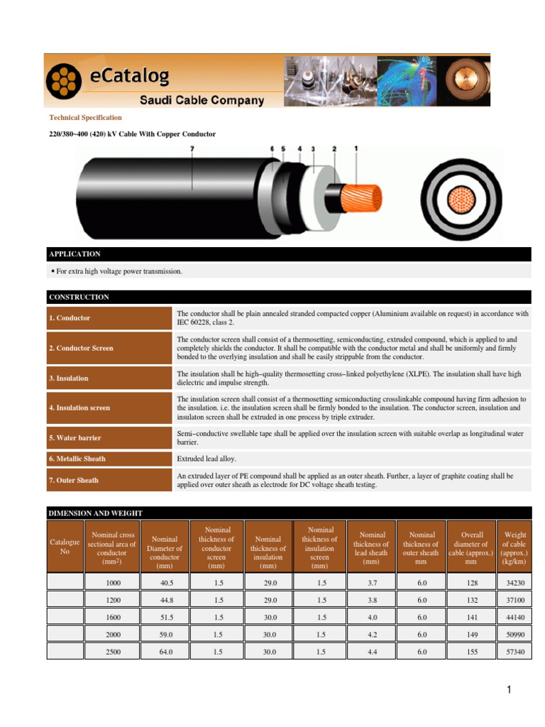 Technical Specification: 220/380 400 (420) KV Cable With Copper ...