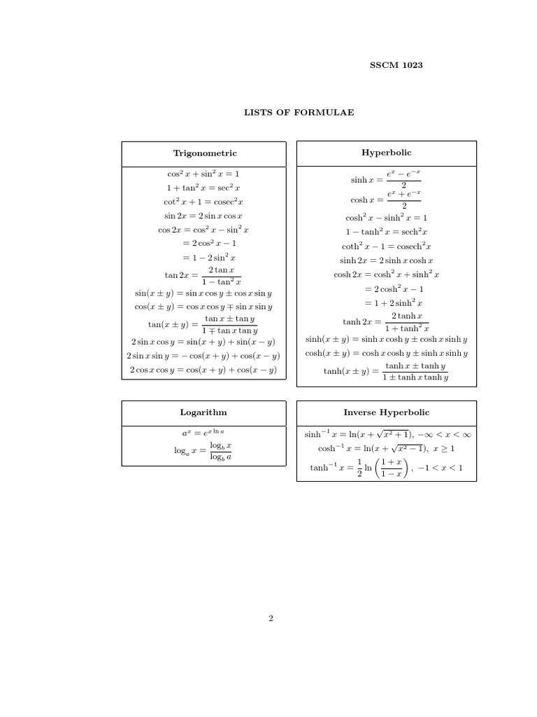 List of Formulae Trigo-Sscm1023 | PDF | Sine | Trigonometric Functions