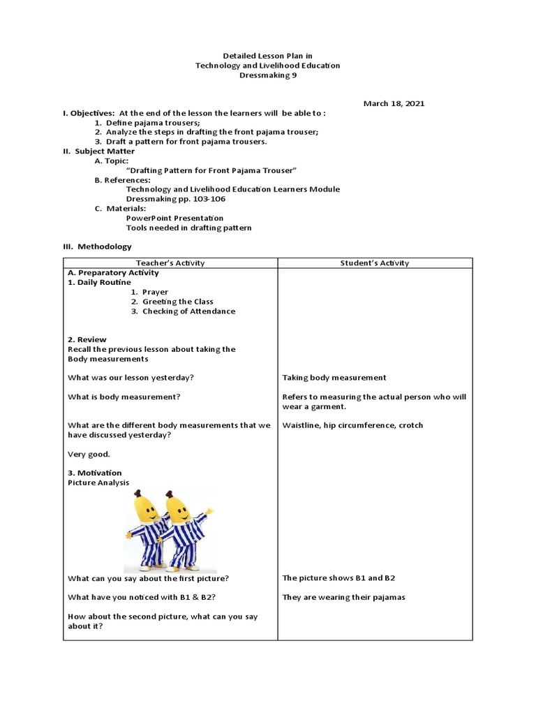 Detailed Lesson Plan in Dressmaking9 | PDF | Trousers | Clothing
