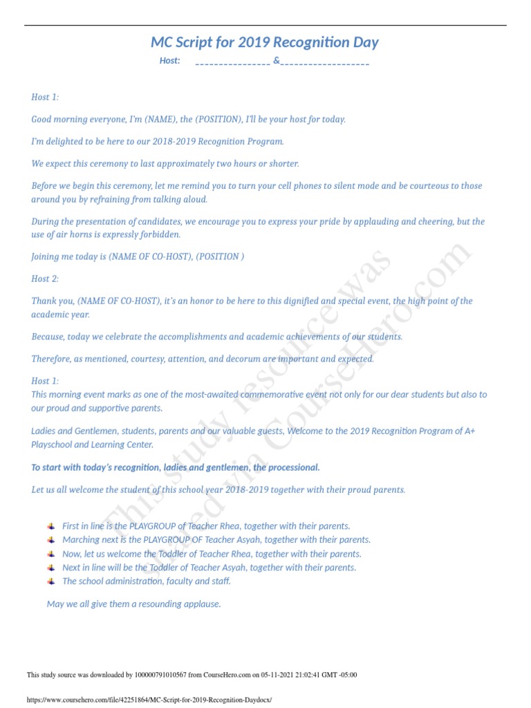 MC Script For 2019 Recognition Day | PDF