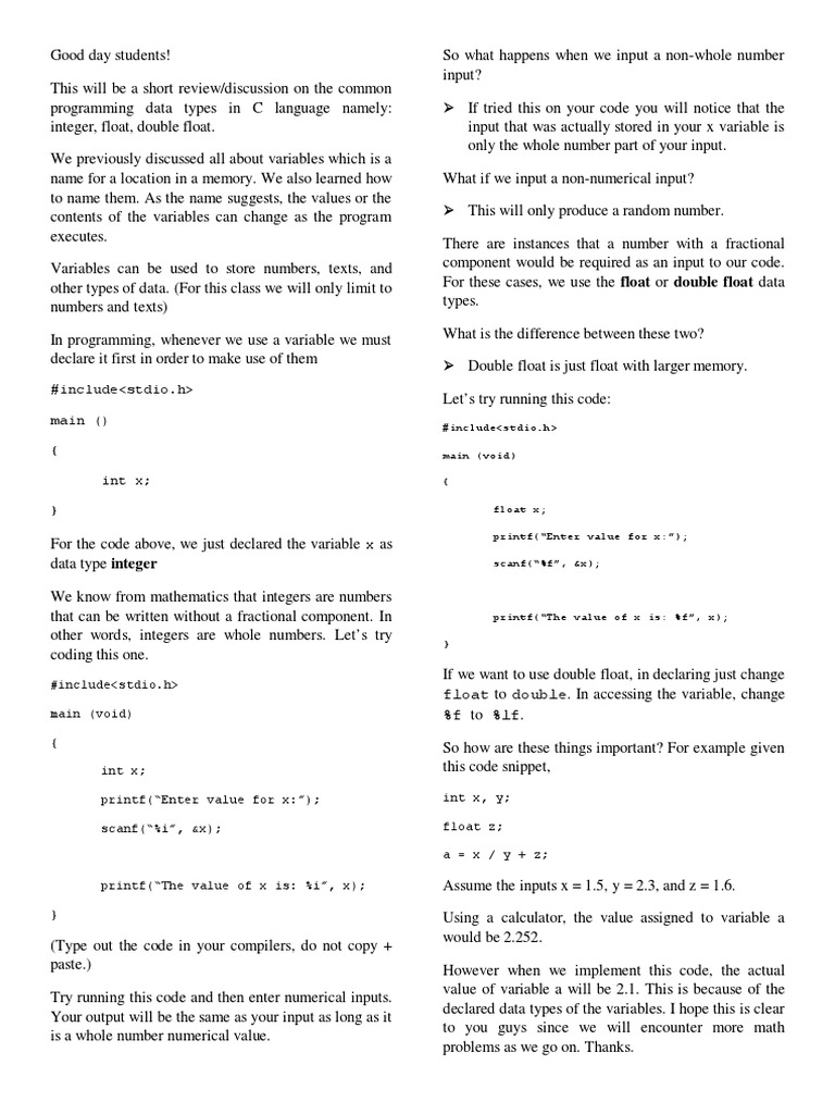 Review On Data Types Pdf Variable Computer Science Integer Computer Science 