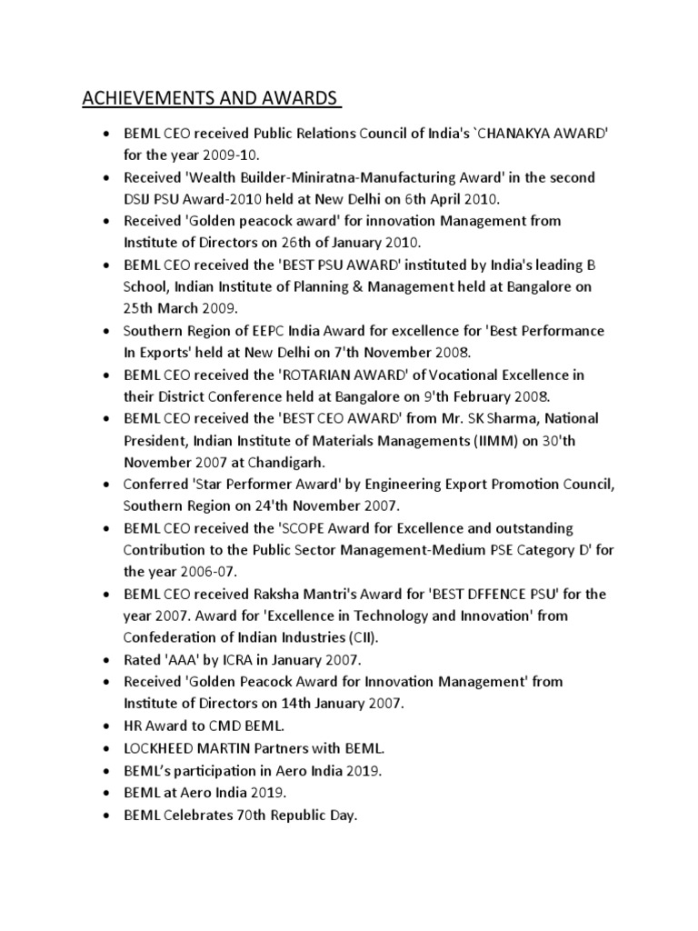 BEML CEO's Notable Awards and Achievements | PDF | Goods | Marketing