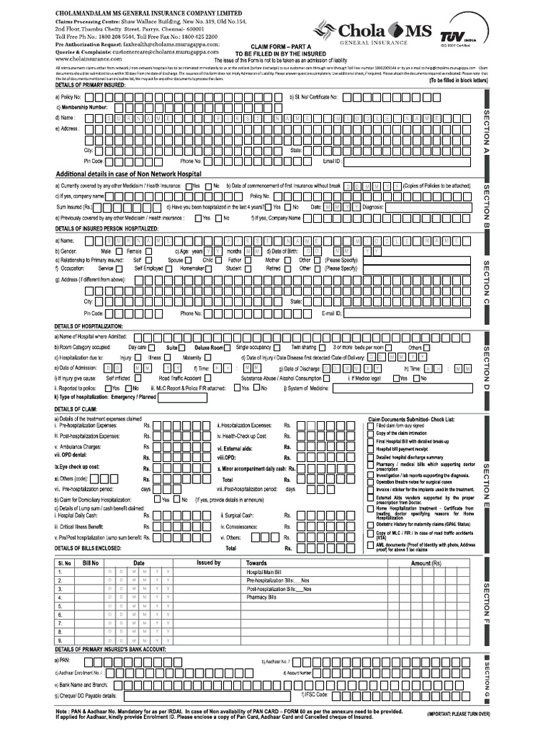 Chola Claim Form PartA | PDF