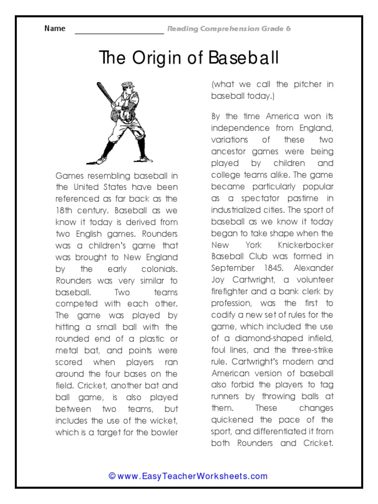 The Origin of Baseball: Reading Comprehension Grade 6 | PDF | Team ...