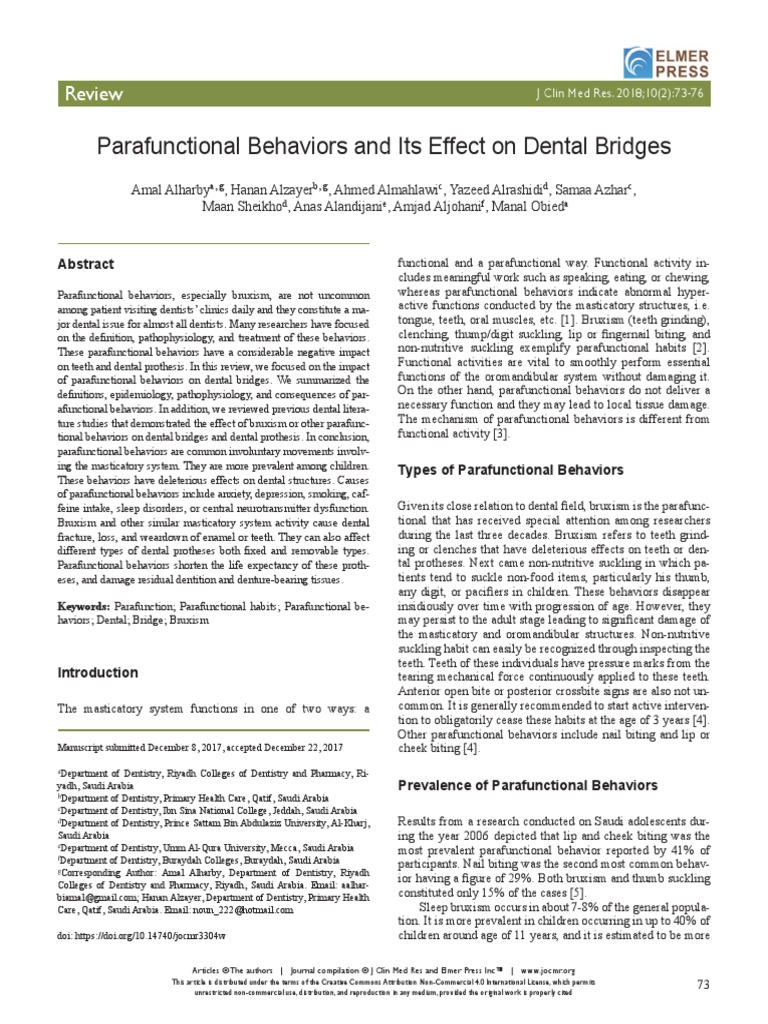 Parafunctional Behaviors and Its Effect On Dental | PDF | Health ...