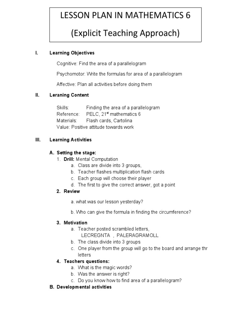 Lesson Plan in Mathematics 6 | PDF | Area | Lesson Plan