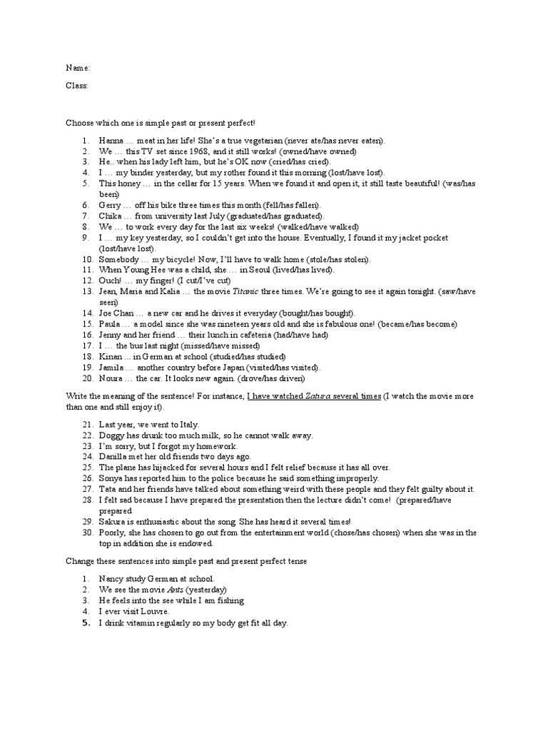 Simple Past Vs Present Perfect Test | PDF | Grammar