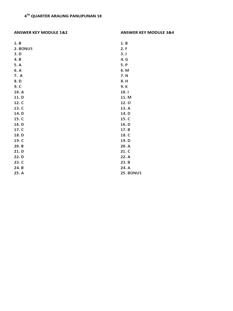 AP 10 Answer Key Q4 Modules | PDF