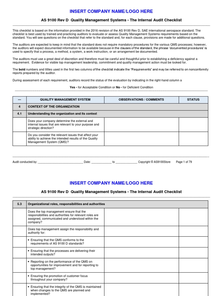 As 9100 Rev D Internal Audit Checklist Sample | PDF | Quality ...
