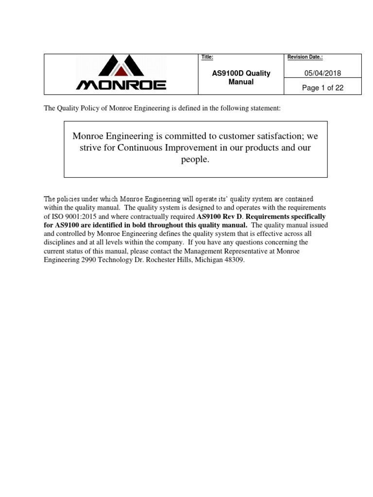 AS9100D Quality Manual | PDF | Quality Management System | Verification ...