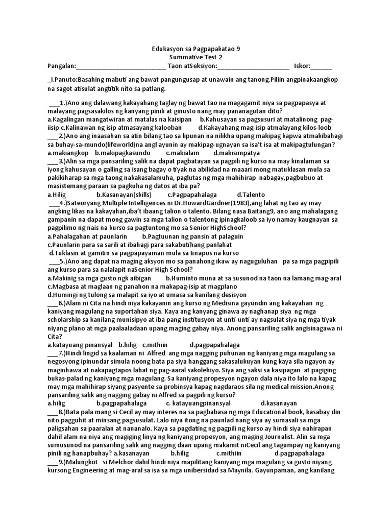 ESP Summative Test 2 4th Quarter | PDF