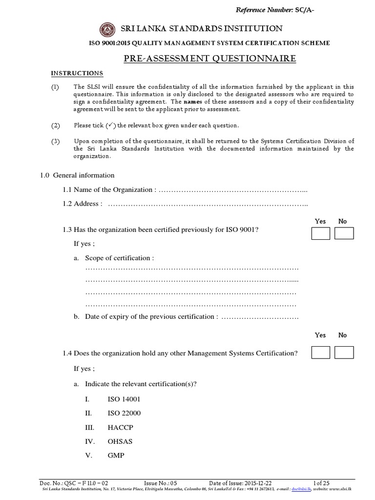 ISO 9001:2015 Pre-Assessment Questionnaire | PDF | Quality Management ...
